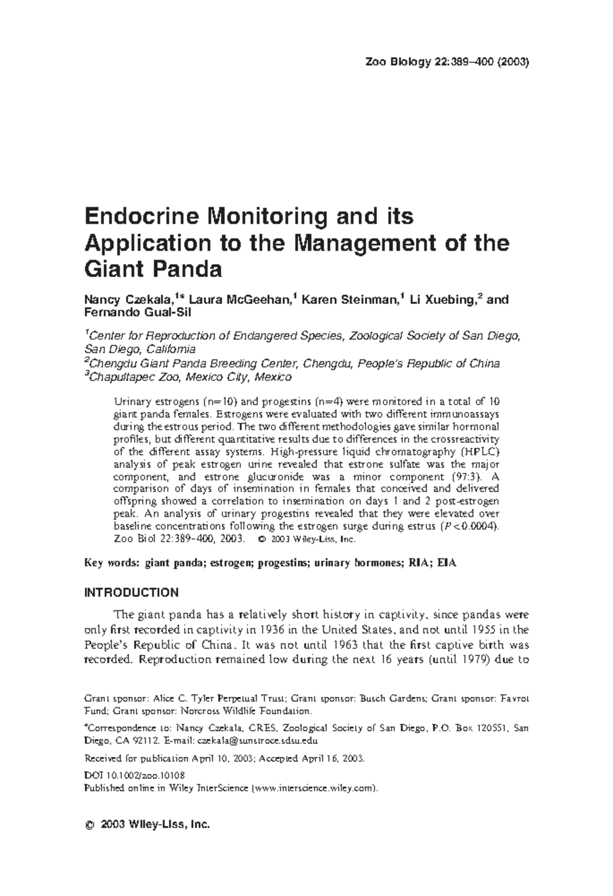 Zoo Biology (2003) Endocrine Monitoring in Giant Pandas: Management ...