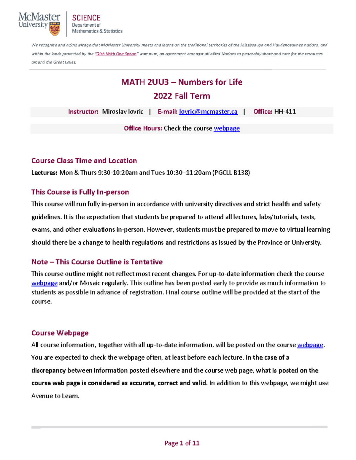MATH-2UU3 - Course Outline & Overview for Fall 2022 - Studocu
