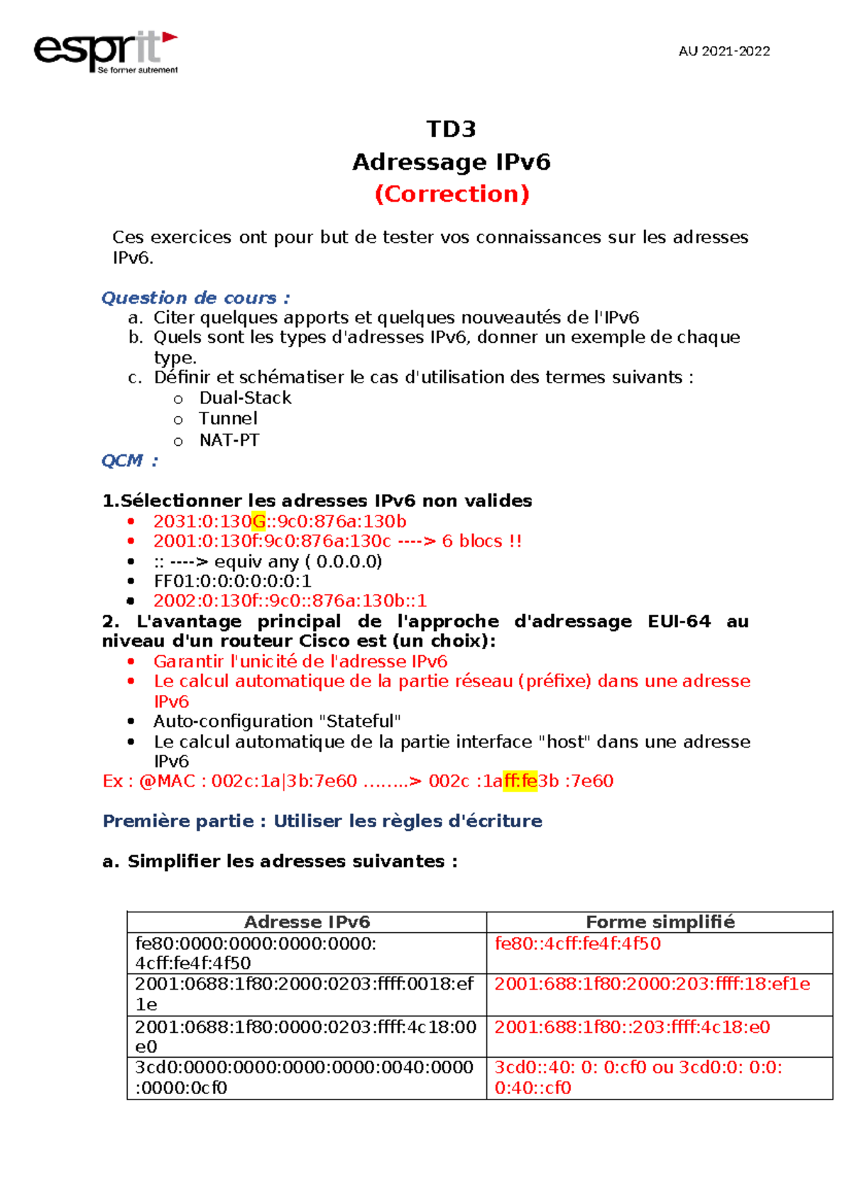 TD sur l'Adressage IPv6 avec Correction - AU 2021 - Studocu