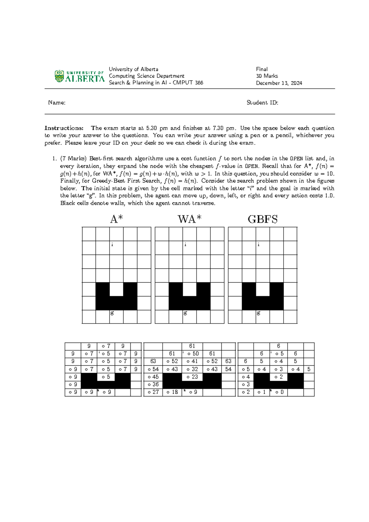 CMPUT 366 Final Exam Answer Key - AI Search Planning - Studocu