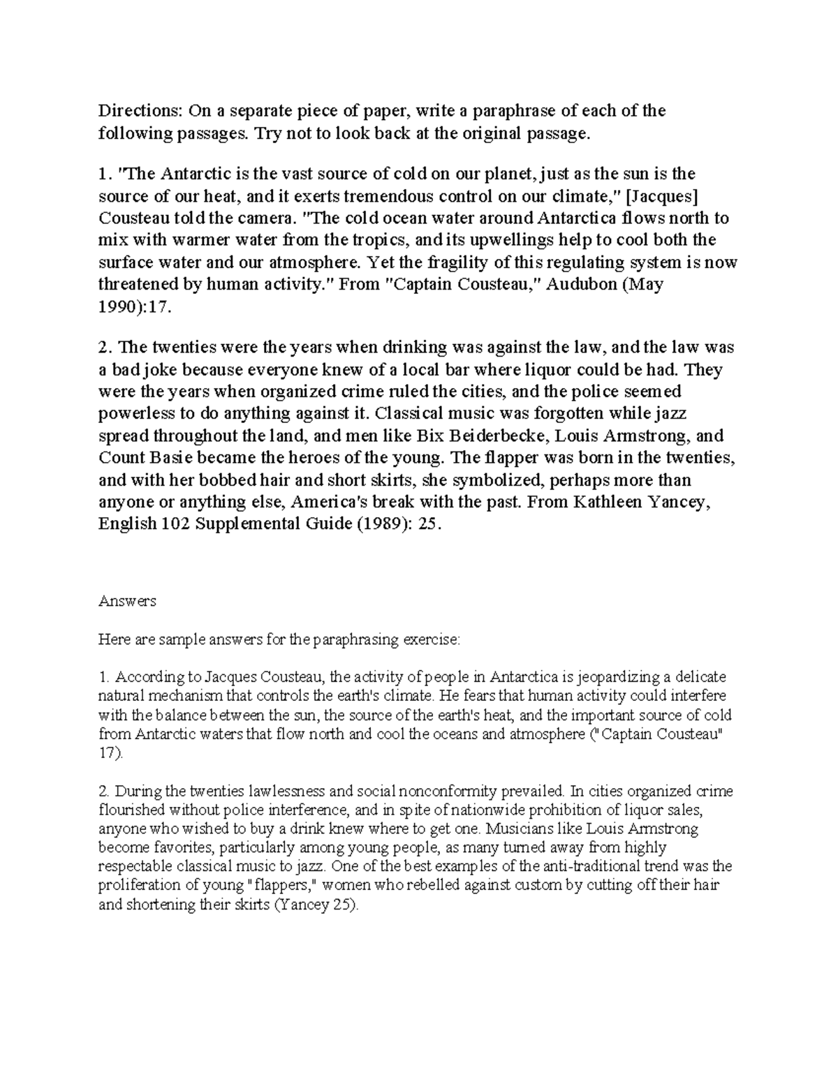 Paraphrasing Rampup - about writing - Directions: On a separate piece ...