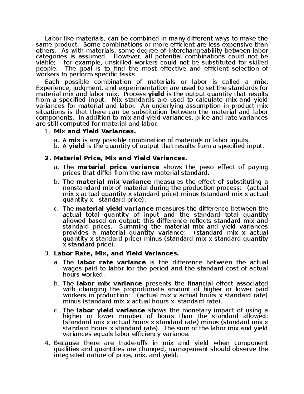 Labor Mix and Yield Variances - Summary Notes for Analysis - Studocu