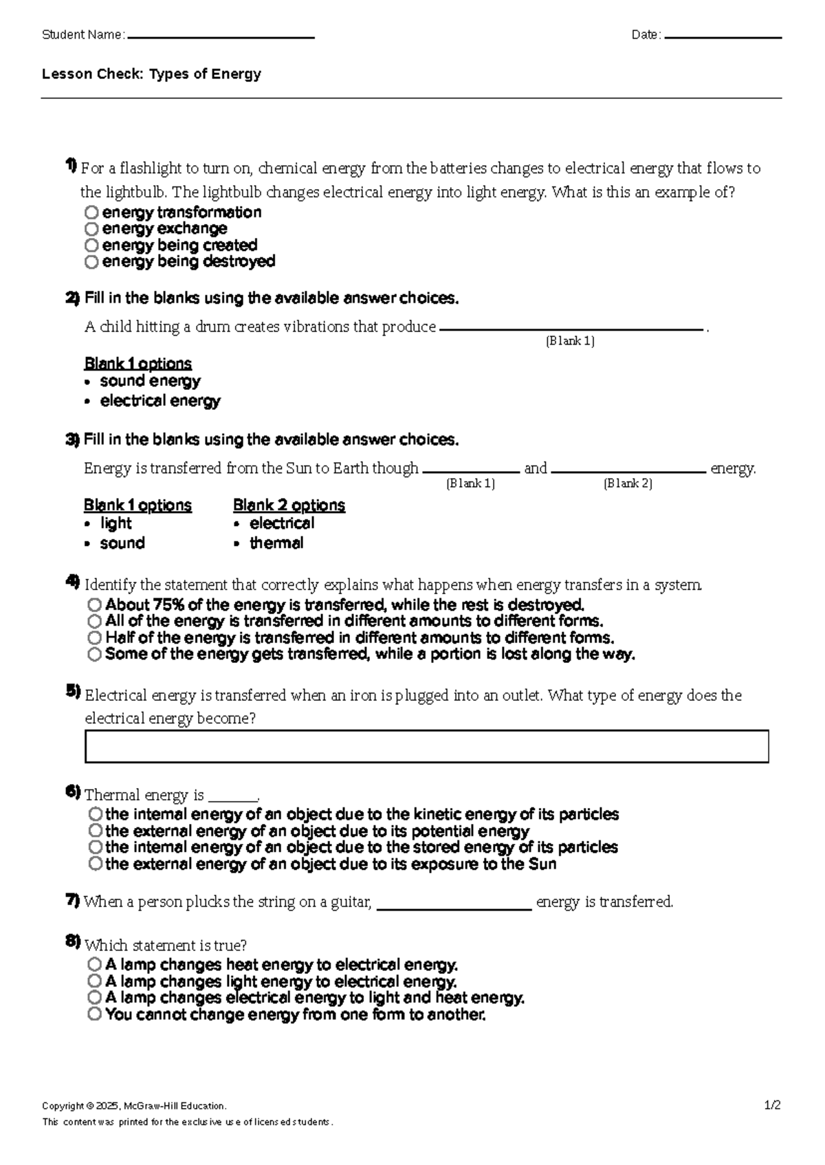 Lesson Check: Types of Energy - Questions and Answers (Course Code) - 1 ...