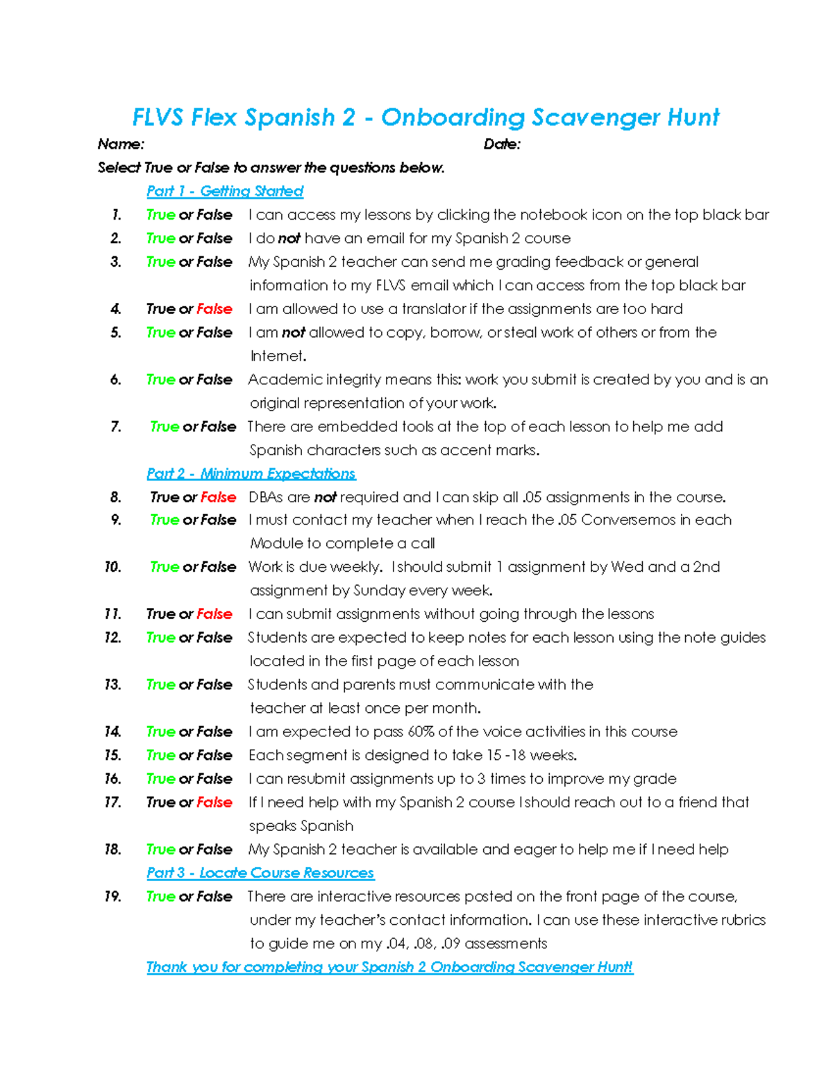 FLVS Flex Spanish 2 - Onboarding Scavenger Hunt Quiz Answers - Studocu
