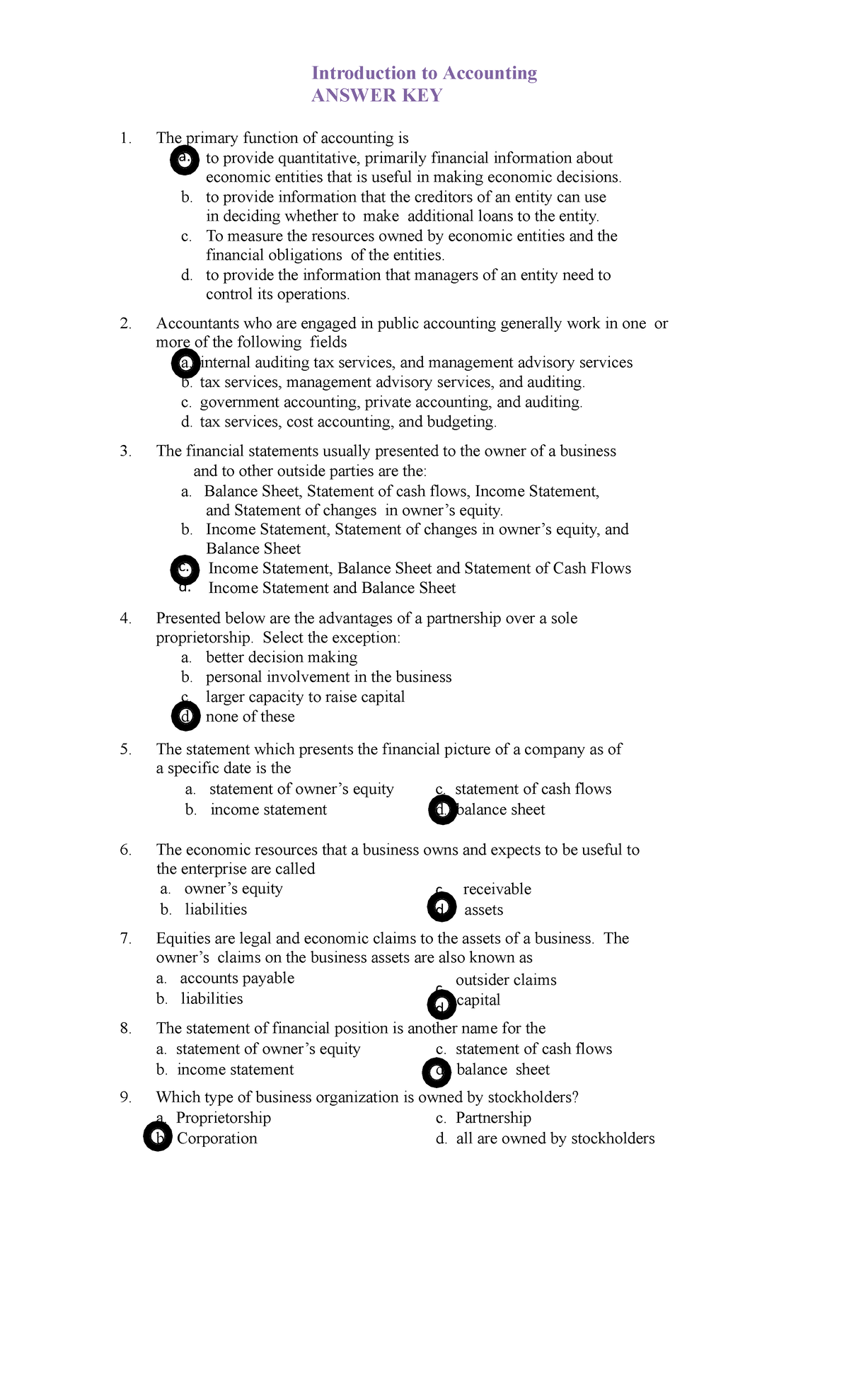 Introduction to Accounting Answer Key 2 - a. c. d. c. d. c. d ...