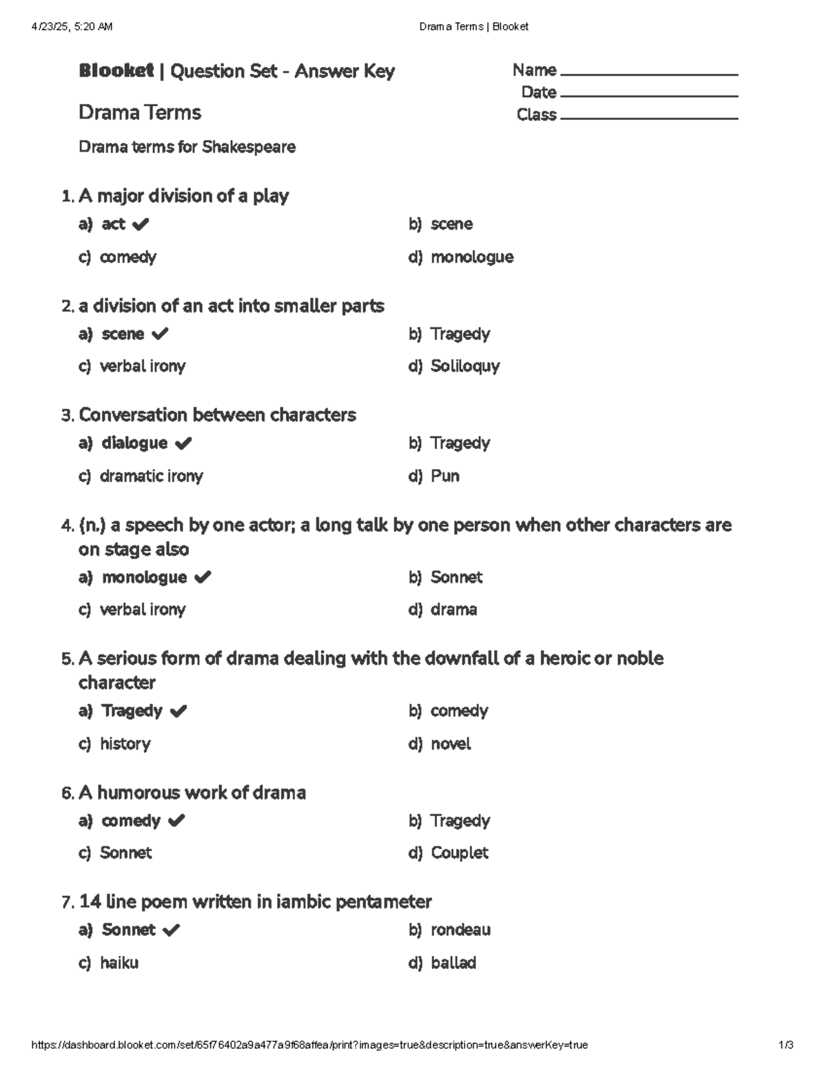 Drama Terms Blooket Answer Key for Shakespeare (5:20 AM) - Studocu