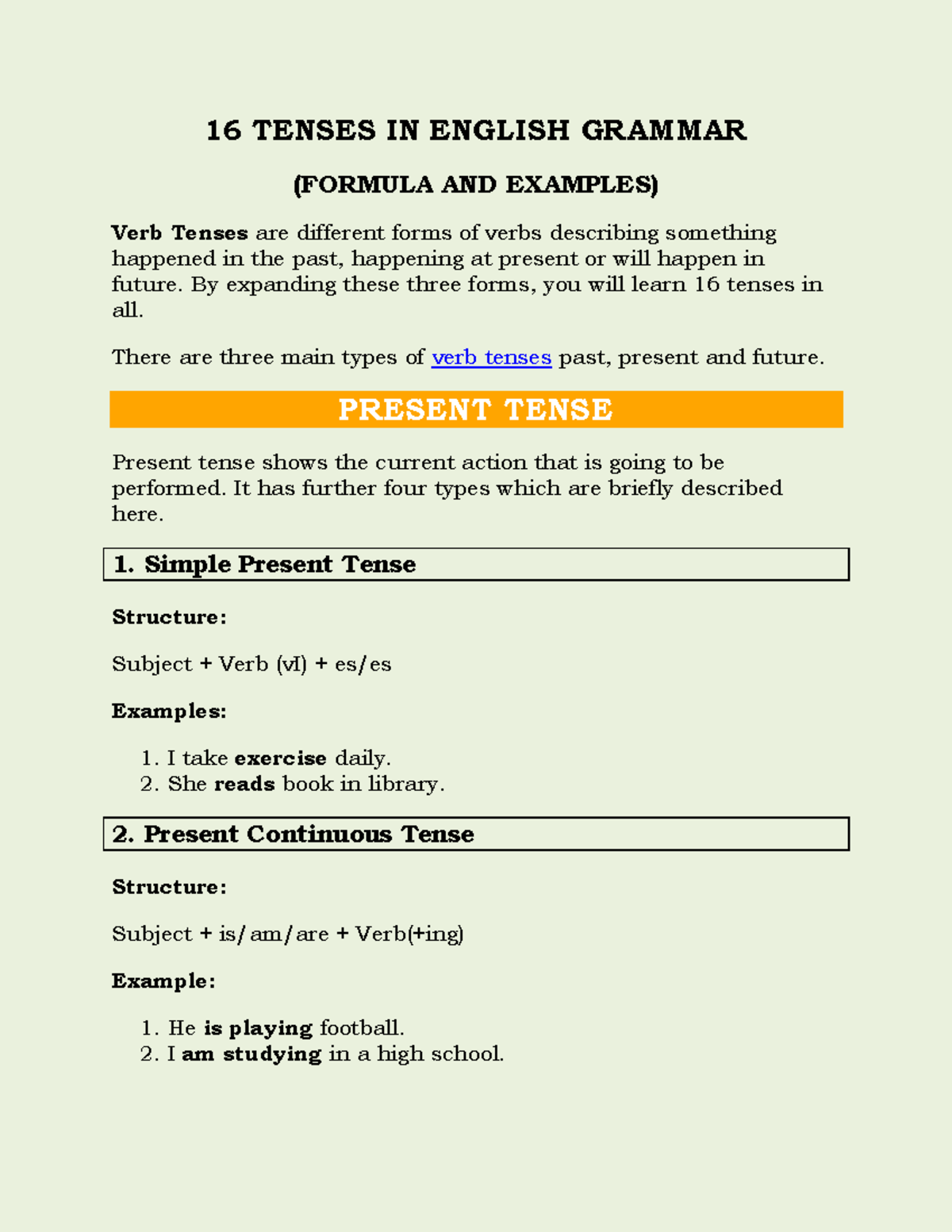 16 English Tenses: Structure and Examples for Grammar Mastery - Studocu