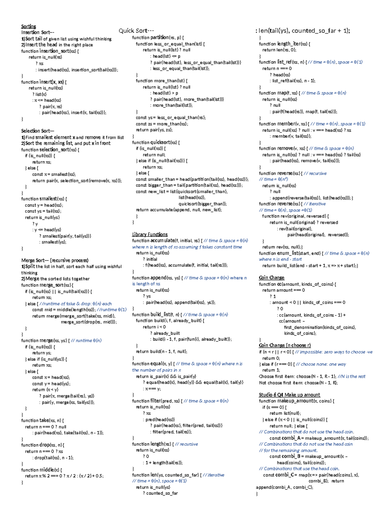 CS1101S Midterm Cheatsheet: Sorting Algorithms and Functions - Studocu