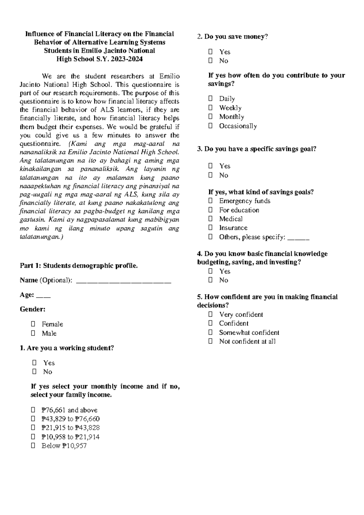 Survey Questionnaire on Financial Literacy and Student Behavior in ALS ...