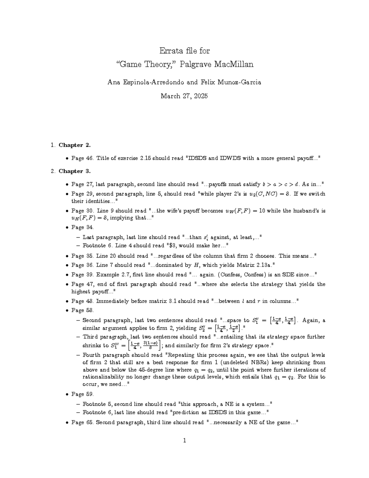Errata for Game Theory (Course Code: GT101) - March 2025 - Studocu