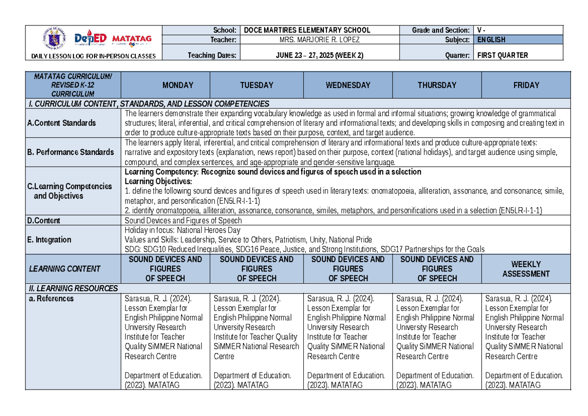 G5 Q1 W2 Daily Lesson Log: English (Matatag Curriculum) - Studocu