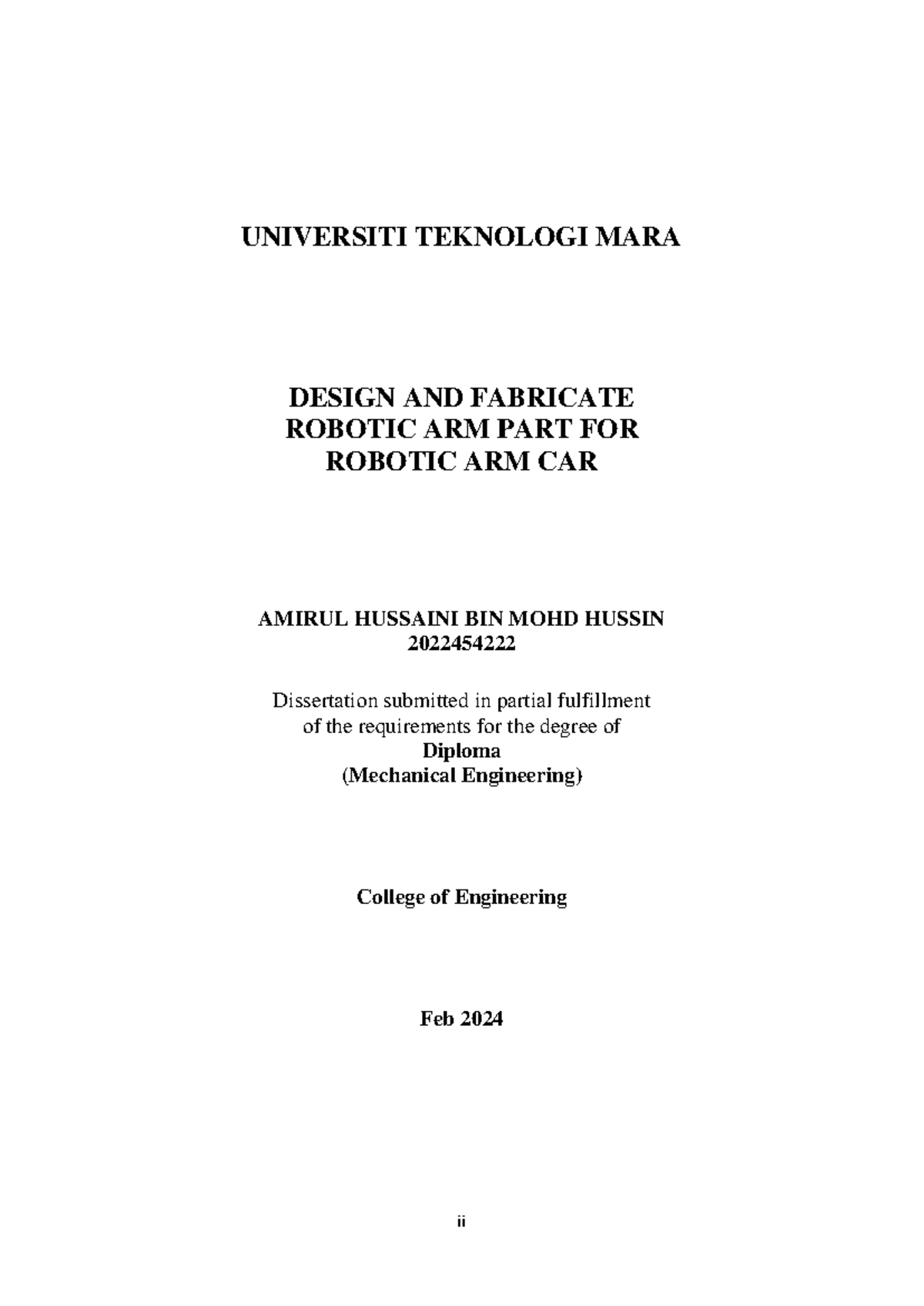 UiTM ME 5C Dissertation: Design & Fabrication of a Robotic Arm for ...