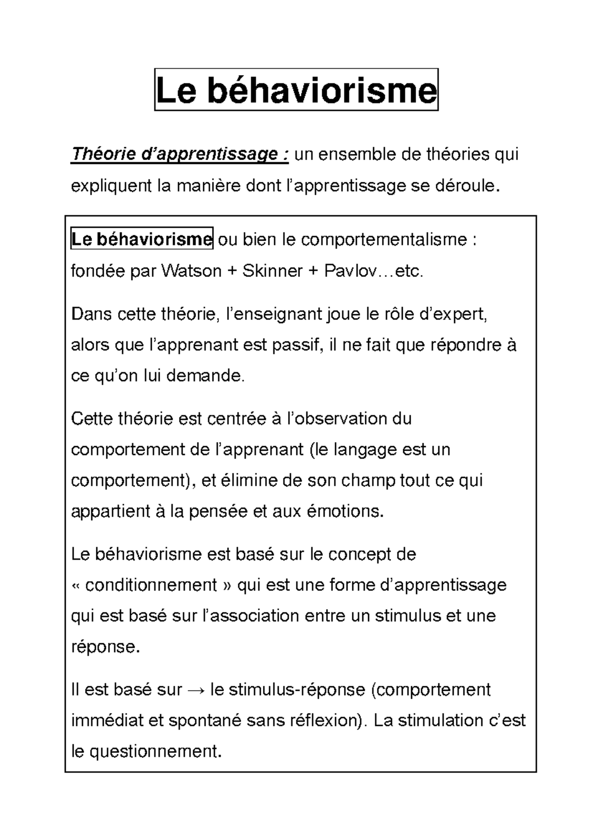Le béhaviorisme en Science de l'éducation : Théories et Concepts - Studocu