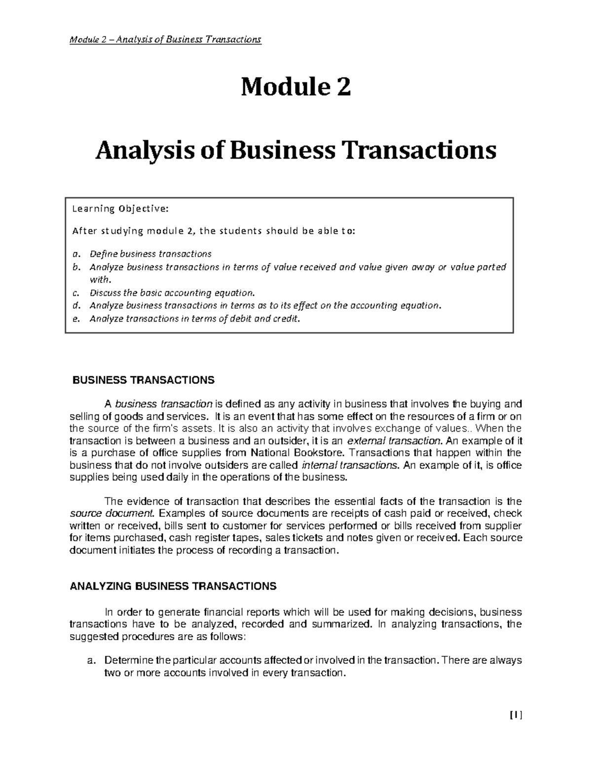 Module 2 - ………. - Module 2 Analysis of Business Transactions BUSINESS ...