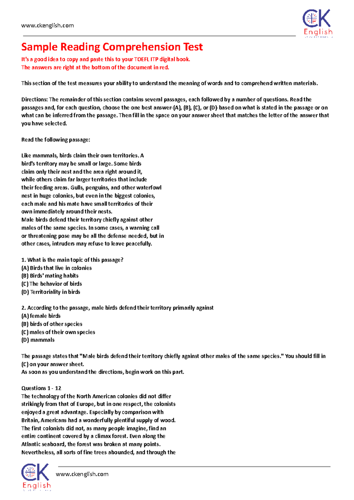 TOEFL ITP Reading Comprehension Sample Test and Answers - Studocu