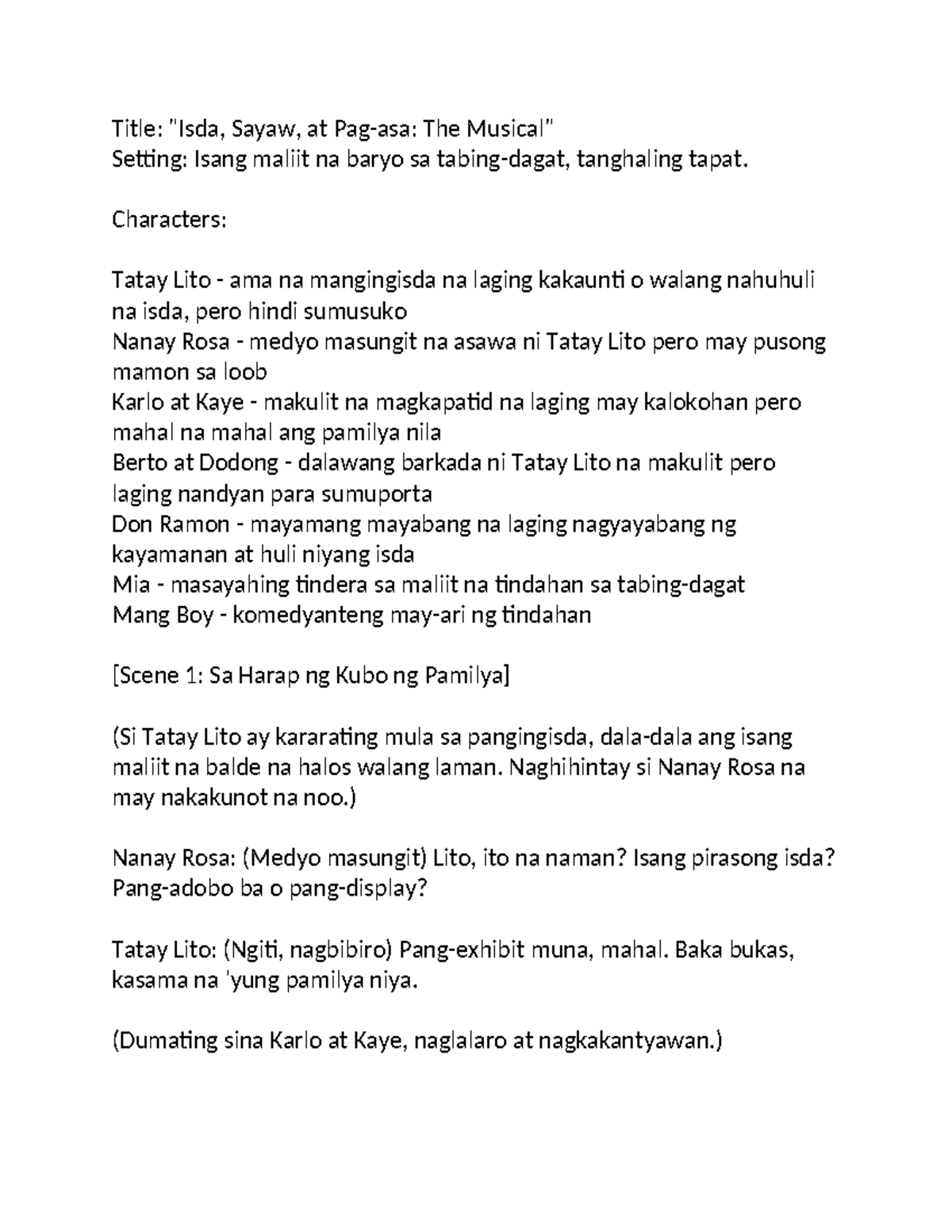 Script musical play - Title: "Isda, Sayaw, at Pag-asa: The Musical ...