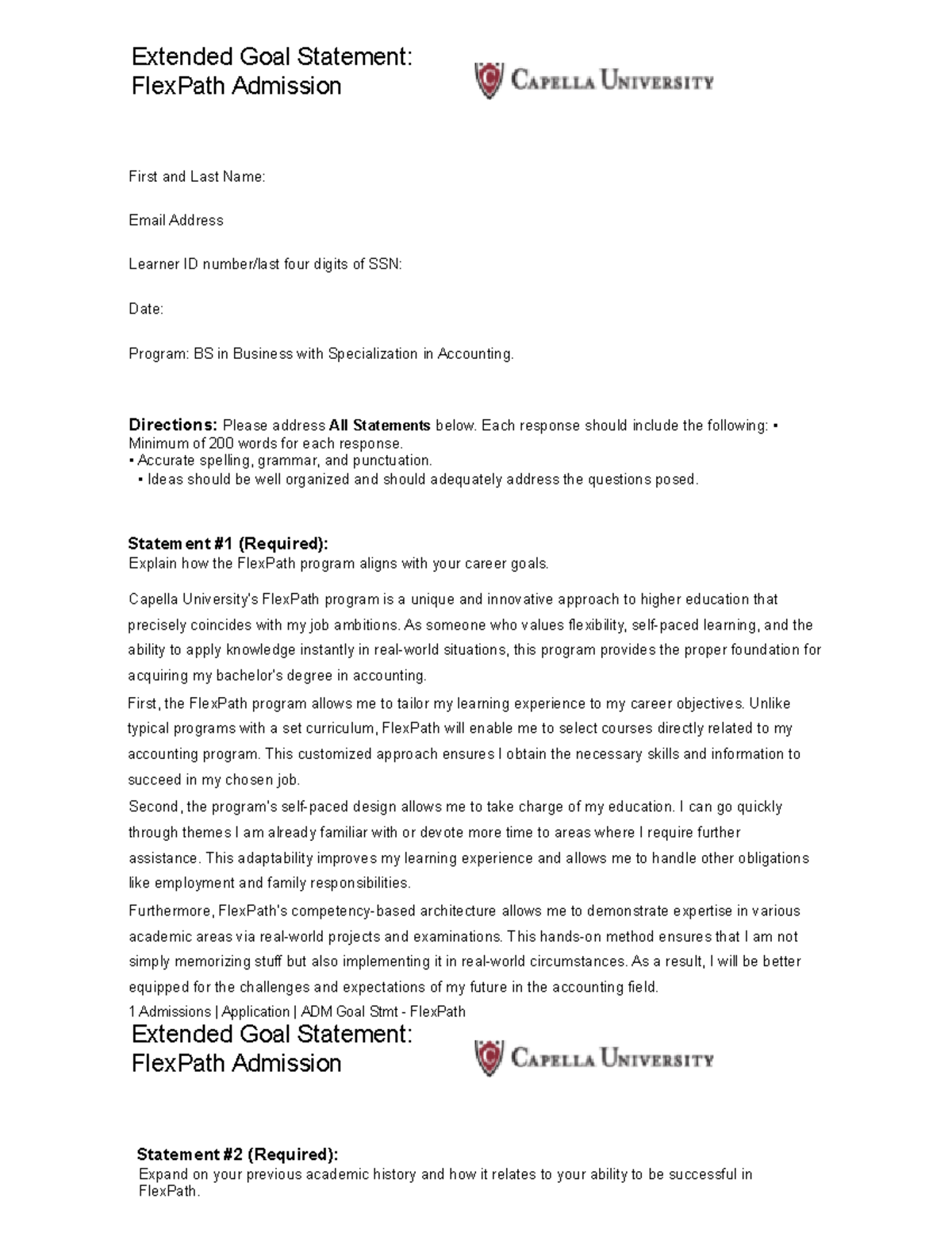 FLEX PATH Goal Statement for Admission to BS in Accounting Program ...