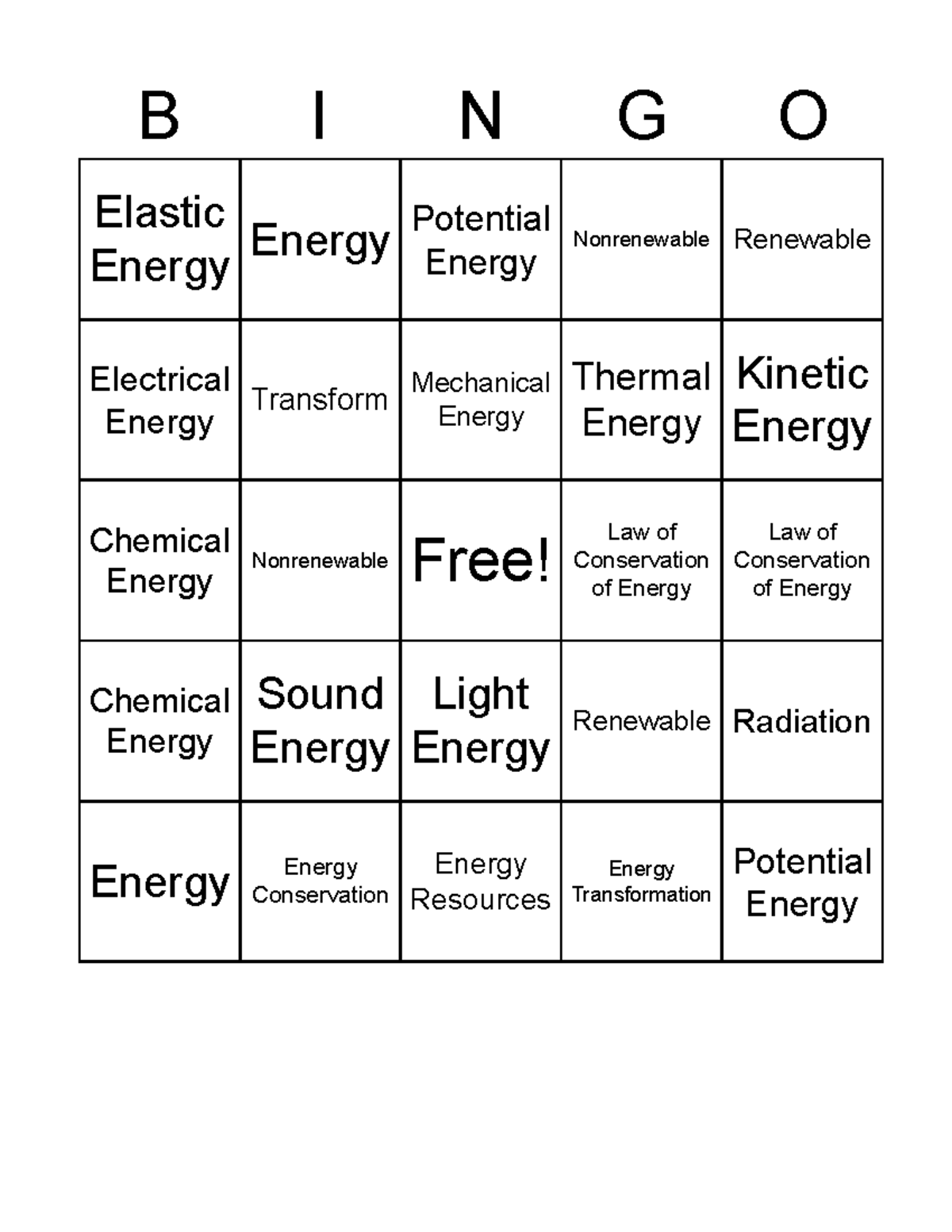 3492564 - B I N G O: Exploring Energy Types and Conservation - Studocu