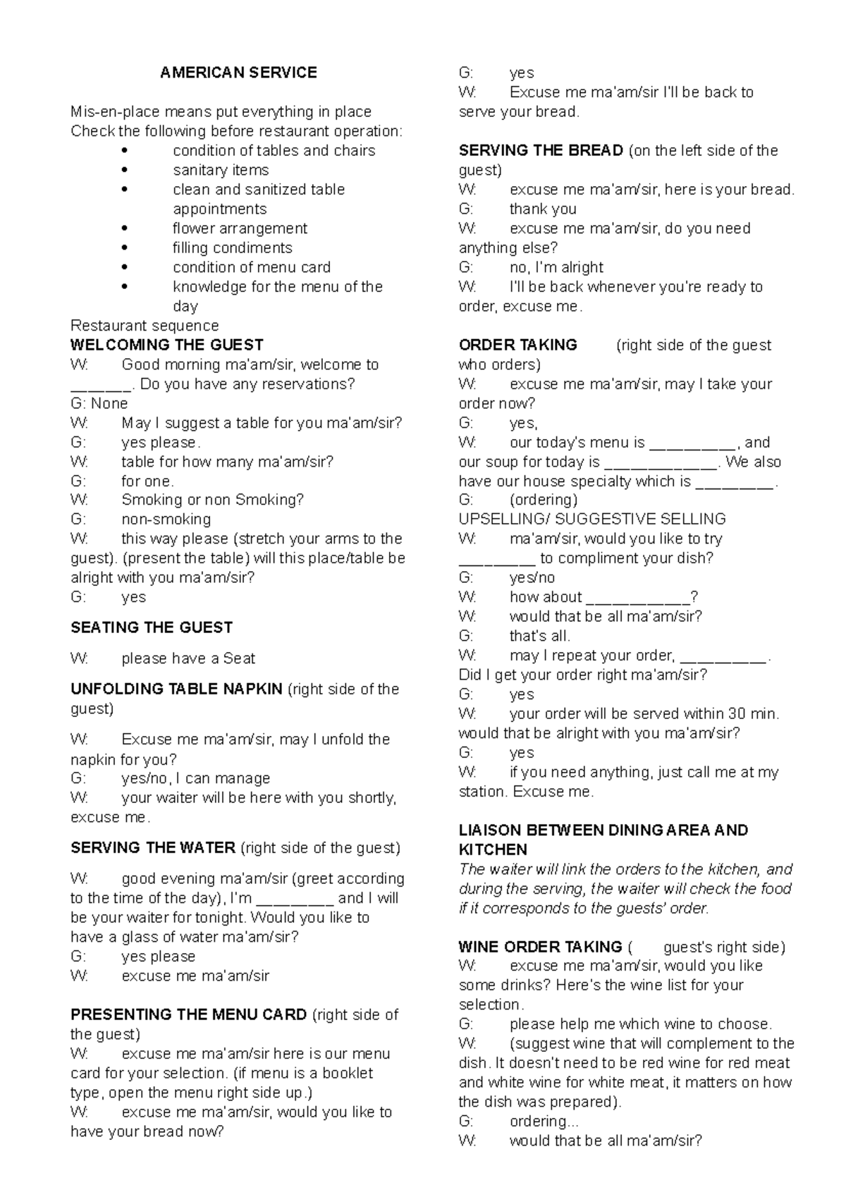 American Service Guidelines for Restaurant Operations - Studocu