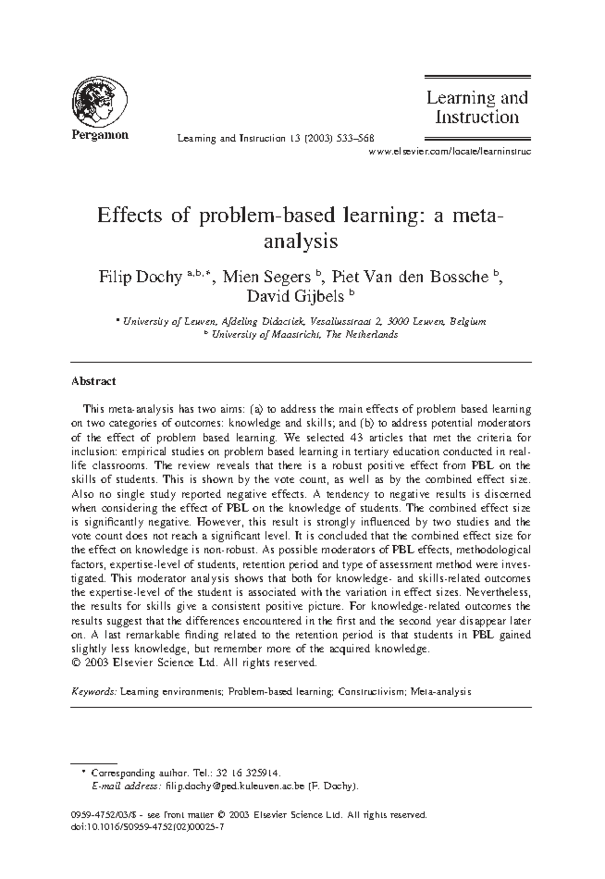 Effects of Problem-Based Learning on Knowledge and Skills: A Meta ...