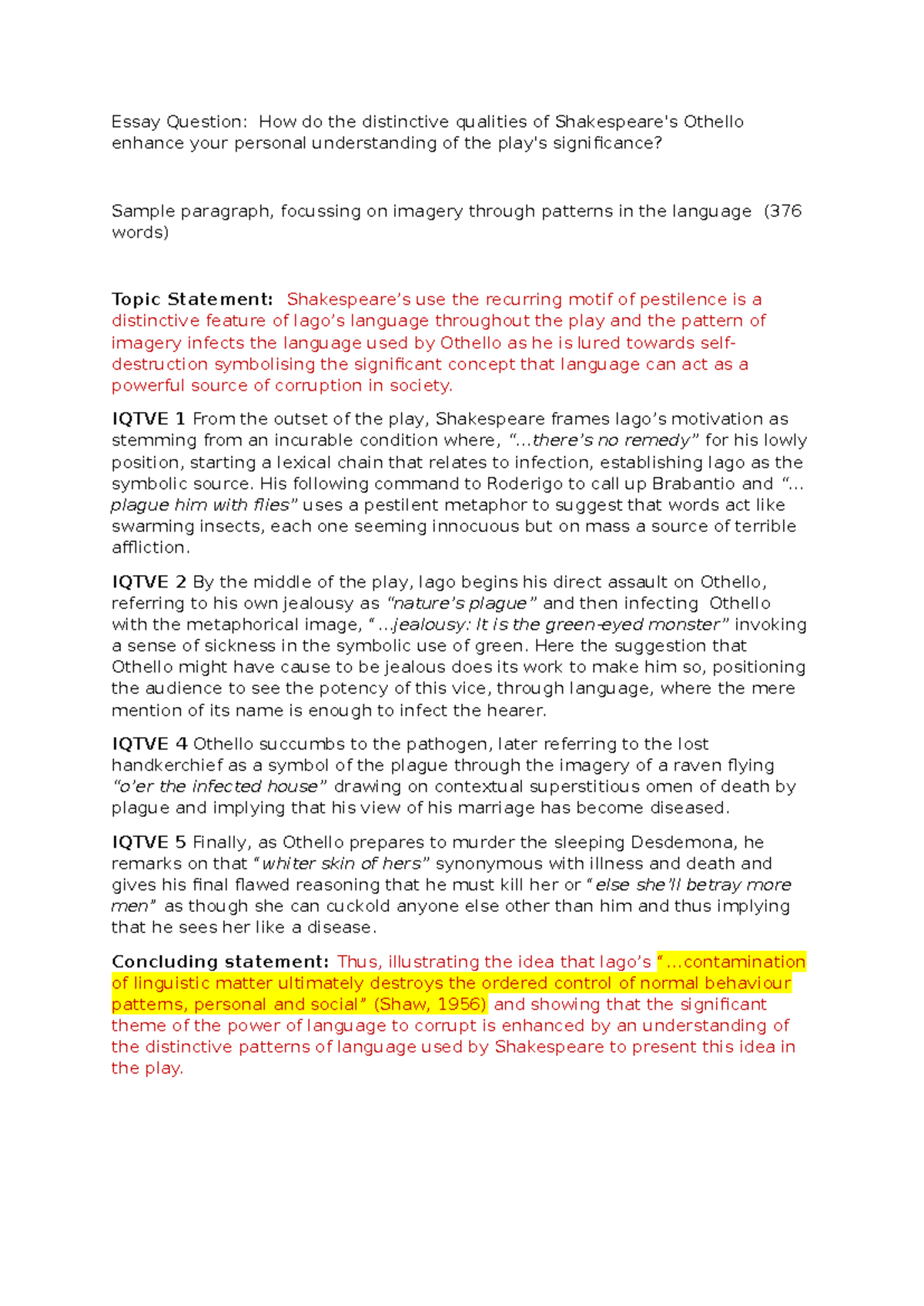 Sample IQTVE Paragraph Analysis for Othello: Themes & Imagery - Studocu