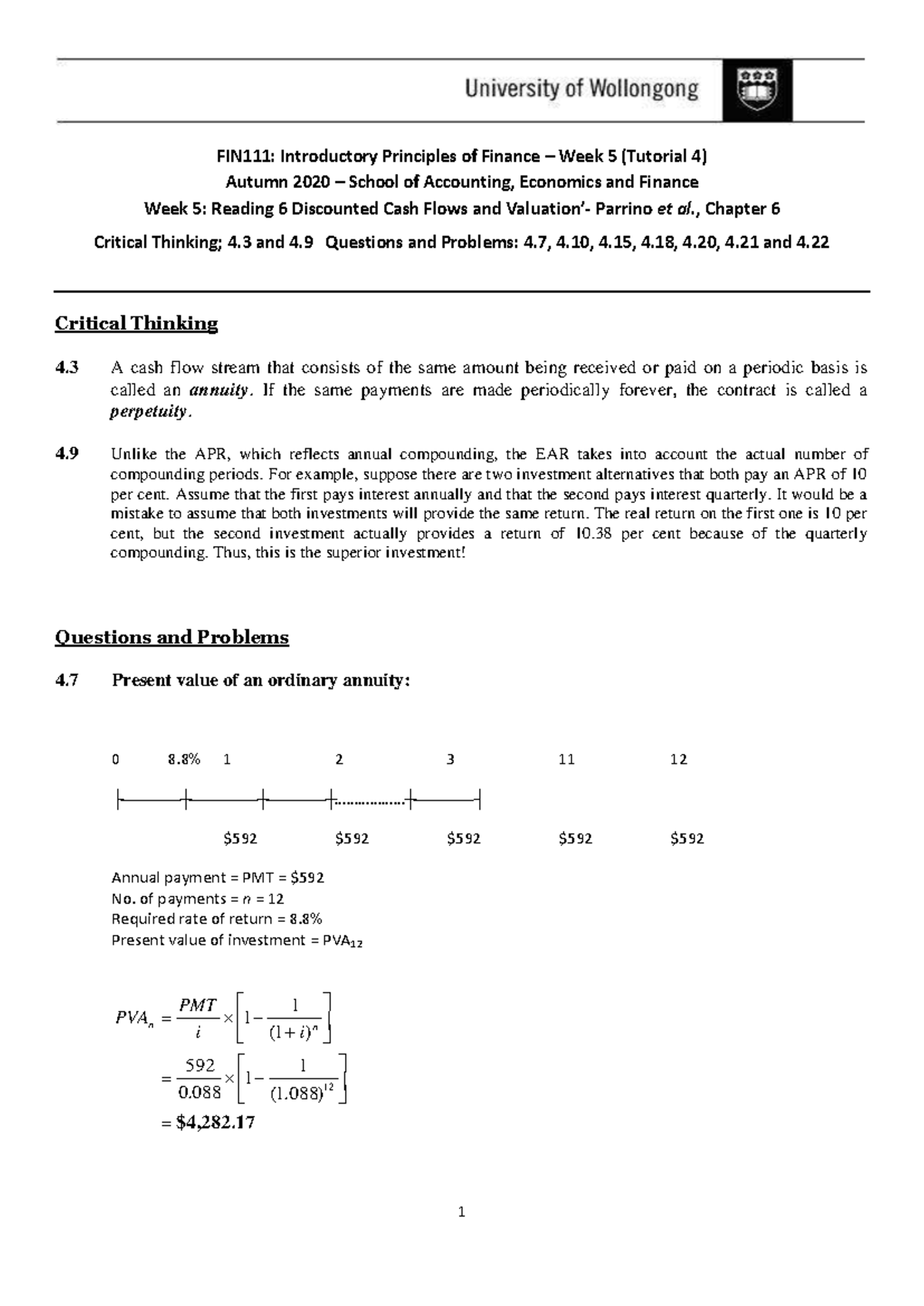FIN111 Tutorial Solution week5 - Introductory Principles of Finance ...