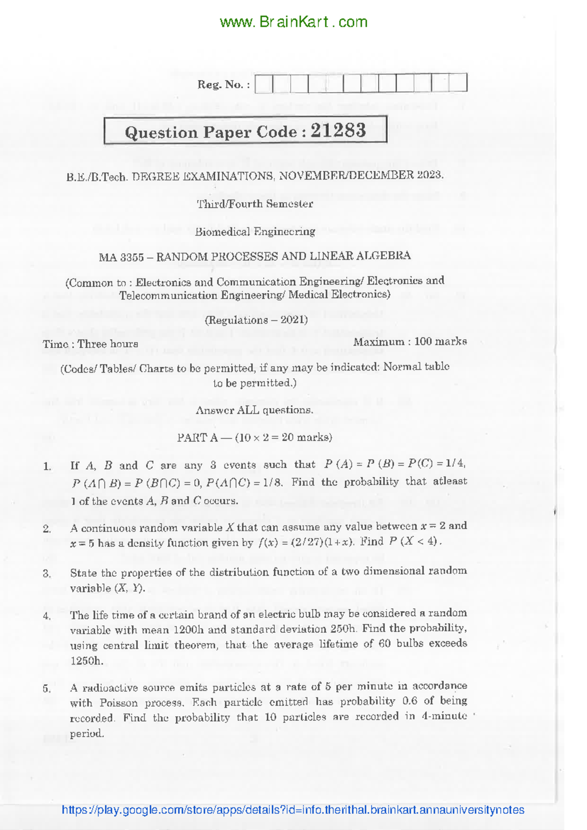 Random Process and Linear Algebra - MA3355 Question Paper Nov-Dec 2023 ...
