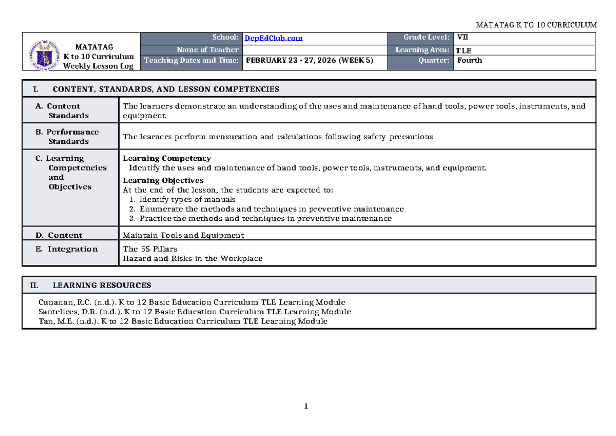 DTC DLL Matatag TLE 7 Q4 Week 5 Lesson Plan and Activities - Studocu
