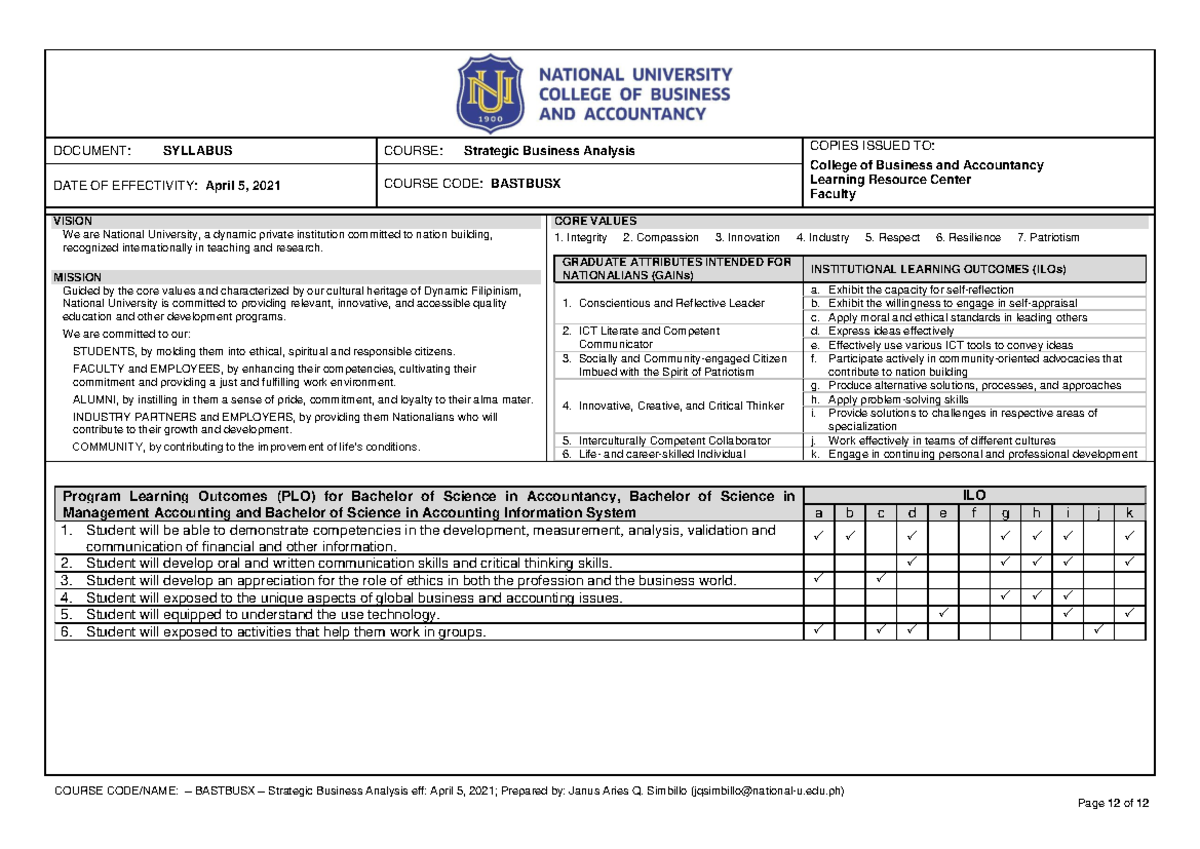 BASTBUSX - Strategic Business Analysis Course Syllabus (Effective April ...