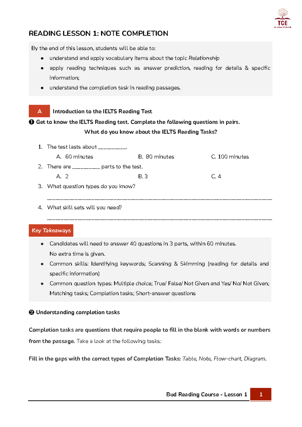 Reading-lesson-1-Class-handout - READING LESSON 1: NOTE COMPLETION By ...