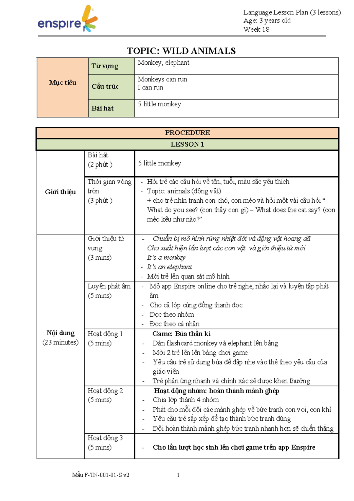WEEK 18-WILD Animals - 3T - Lesson 1 - Language Lesson Plan (3 lessons ...