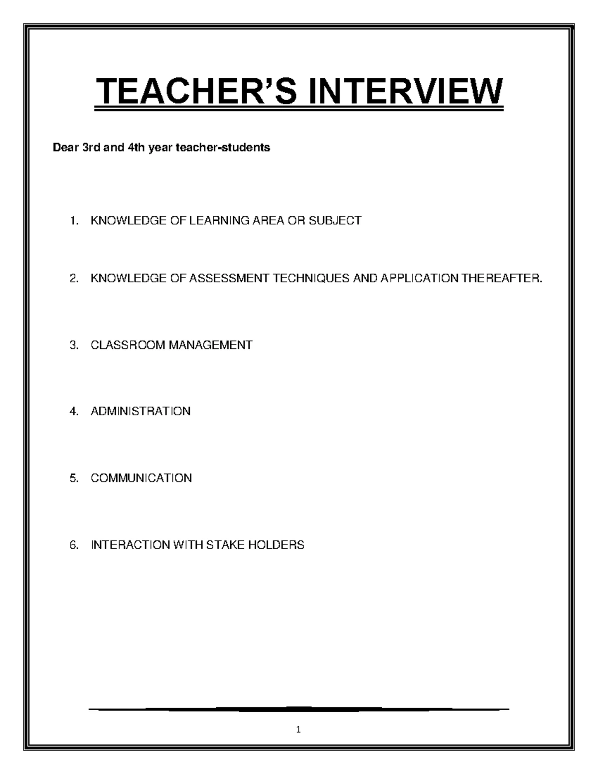 Interview Questions for Principals & Deputy Principals - Studocu