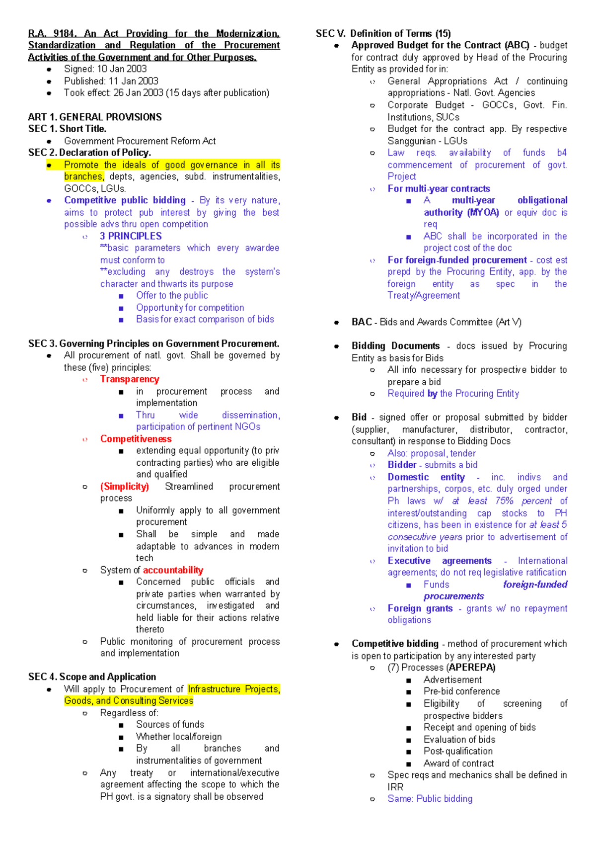 RA 9184: Summary of the Government Procurement Reform Act (GPRA) - Studocu