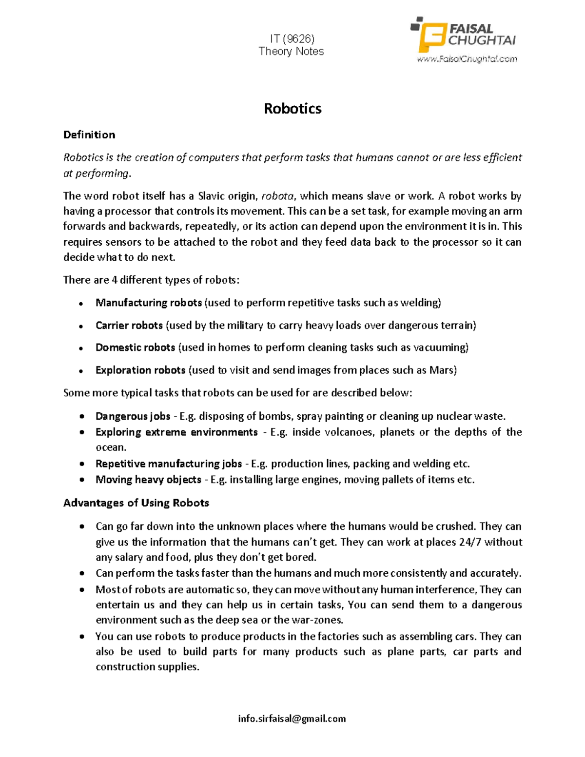 Robotics Lecture Notes For It A Levels It 9626 Theory Notes Infogmail Robotics Definition