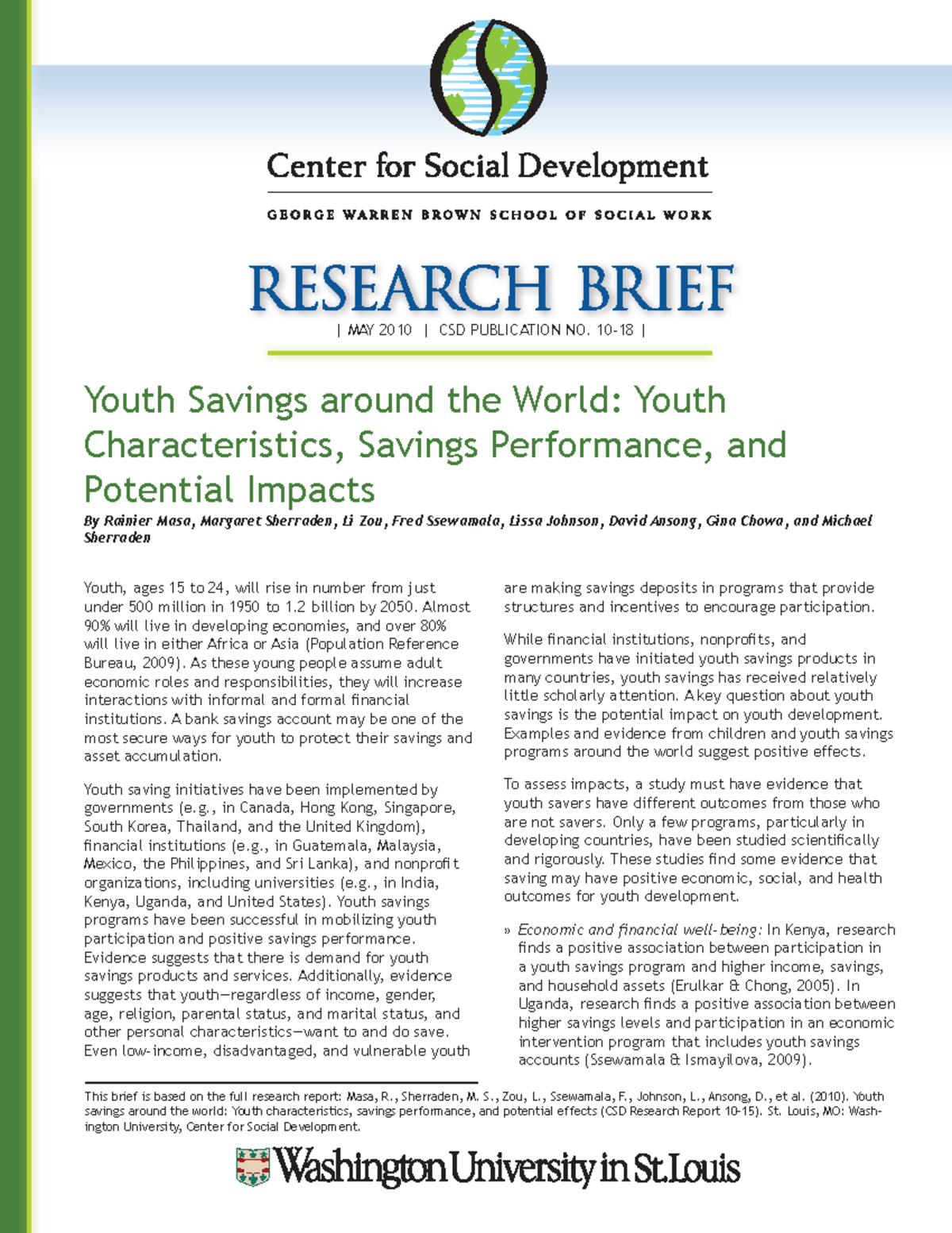 Youth Savings Around the World: Characteristics & Impacts (CSD 2010 ...