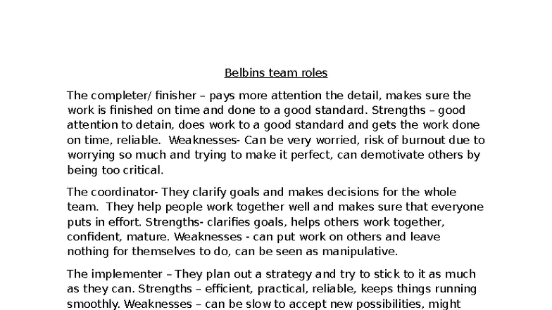 Belbin's Team Roles Overview and Analysis - Studocu