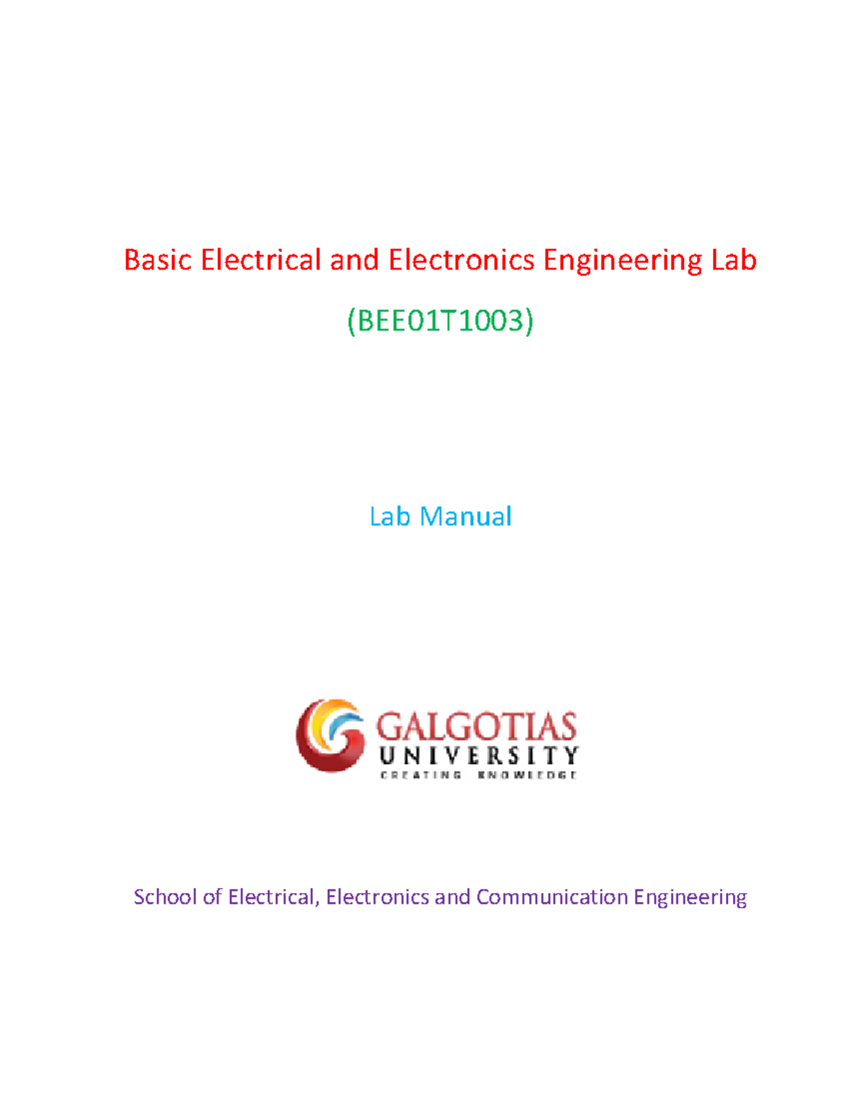 BEE01T1003 - Laboratory Manual for Basic Electrical Engineering Lab ...