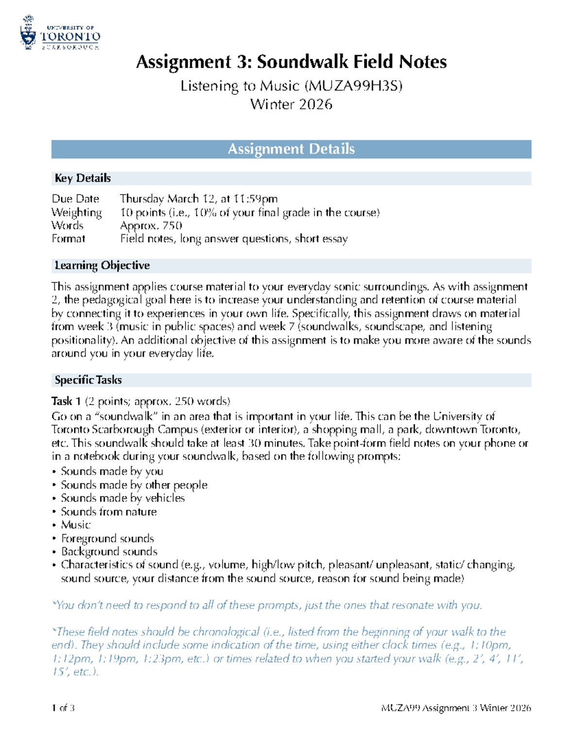 MUZA99H3S Assignment 3: Soundwalk Field Notes & Analysis Winter 2026 ...