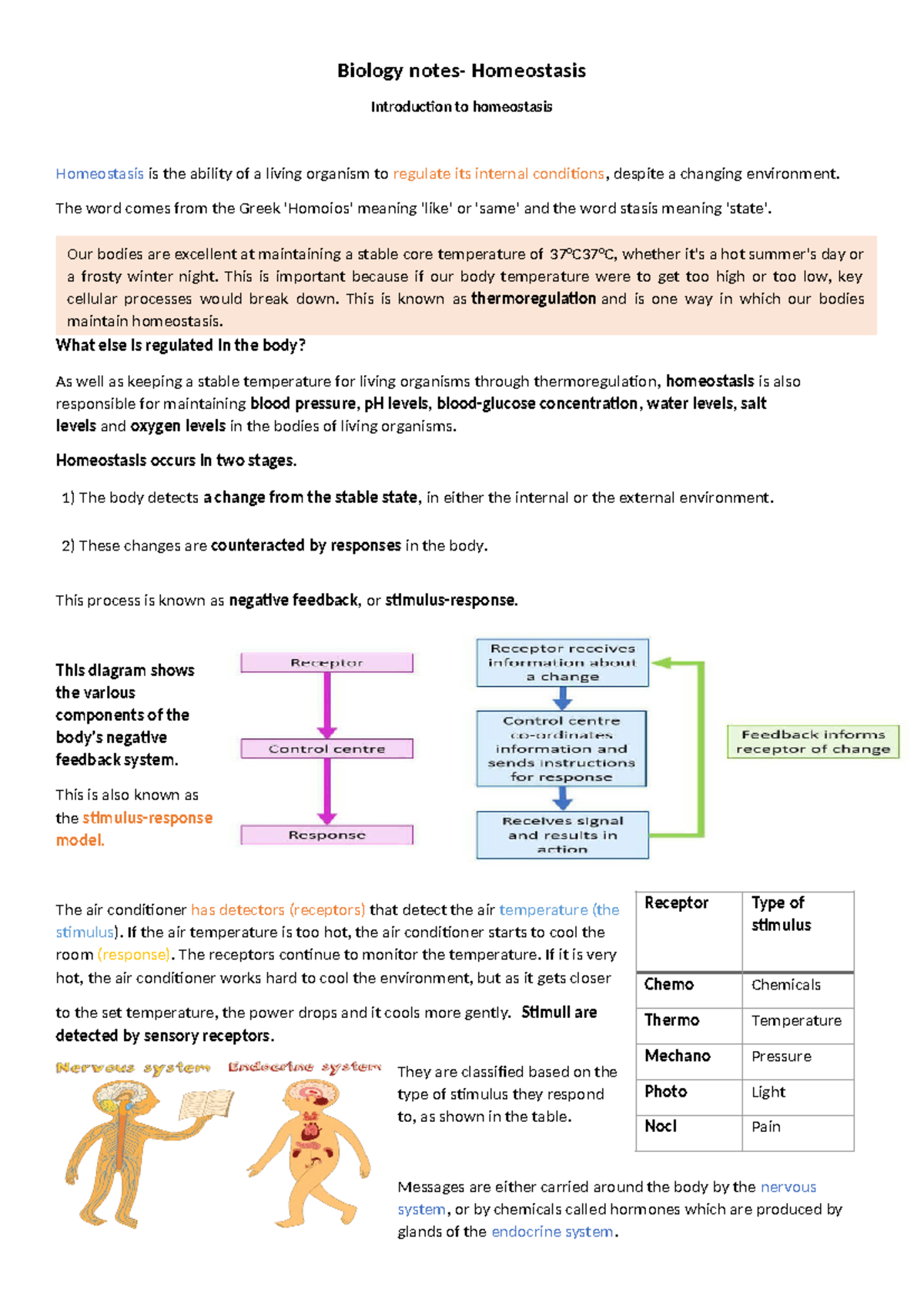 Biology notes- Homeostasis - Biology notes- Homeostasis Introduction to ...