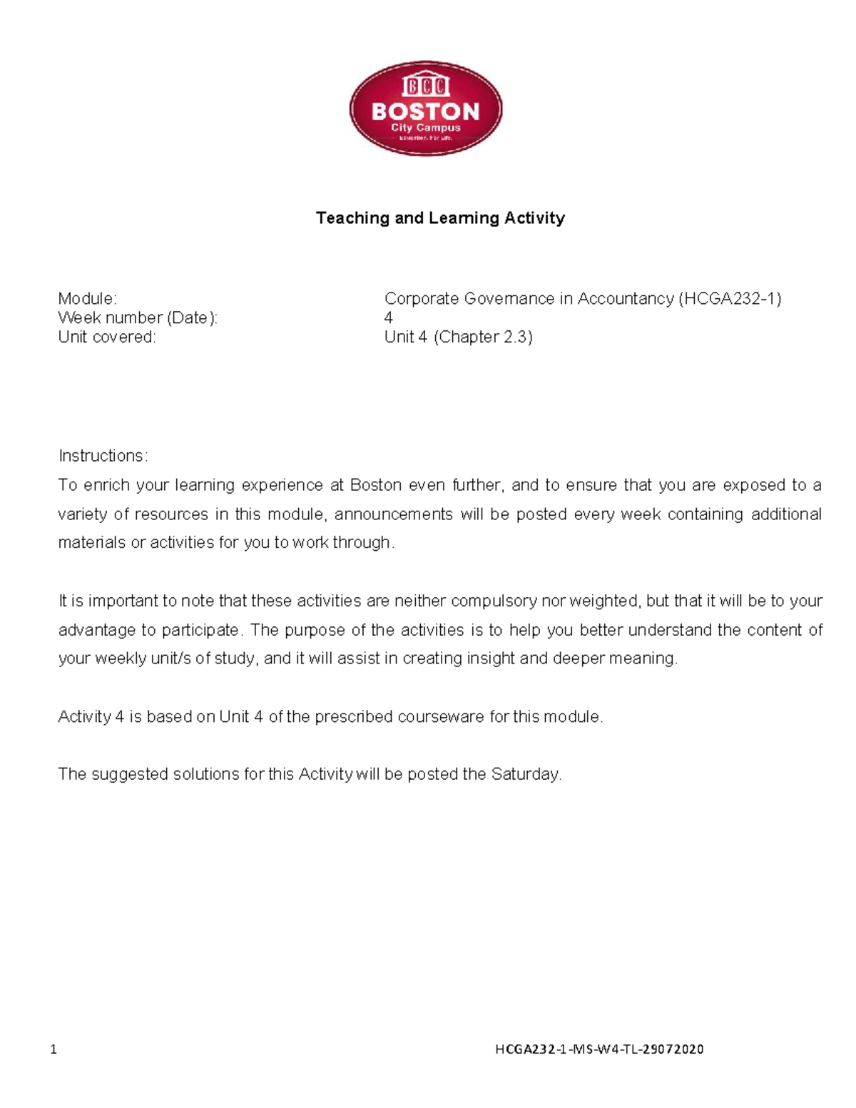 HCGA232 Teaching & Learning Activity: Corporate Governance Unit 4 - Studocu