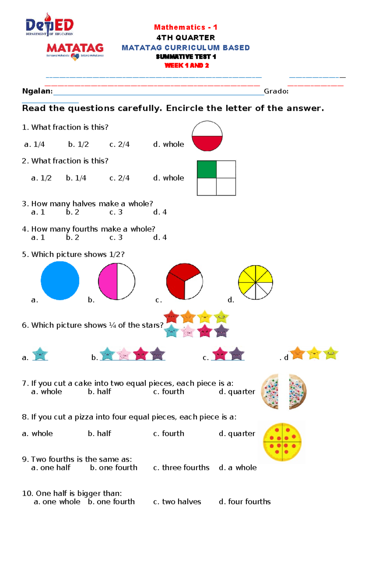 Mathematics 1 4TH QUARTER SUMMATIVE TEST 1 WEEK 1 & 2 - Studocu