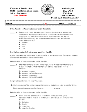 Topic 7 Worksheet - Kingdom of Saudi Arabia Academic year Middle East ...