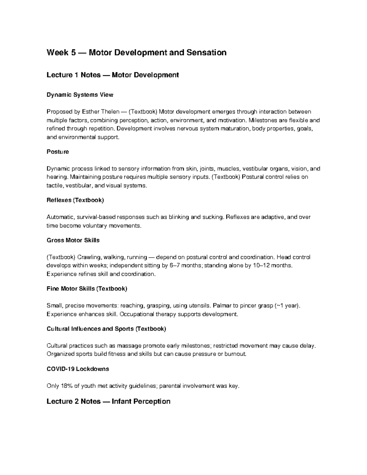 Week 5 Motor Development & Sensation Lecture Notes - Studocu