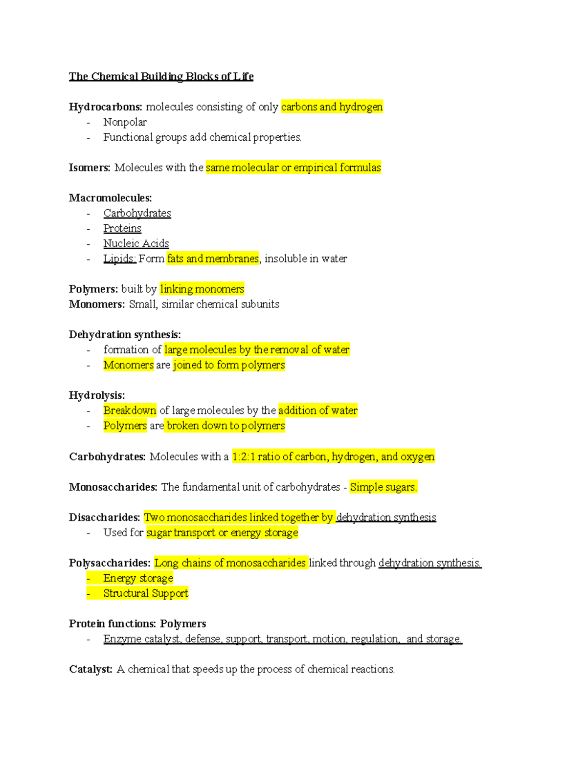 Biology CH 3 Notes: The Chemical Building Blocks of Life - Studocu