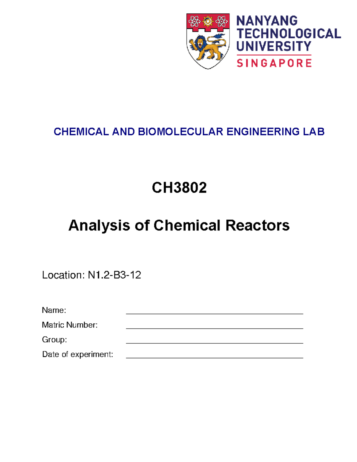 CH3802 Lab Report: Analysis of Chemical Reactors (PFTR & CSTR) - Studocu