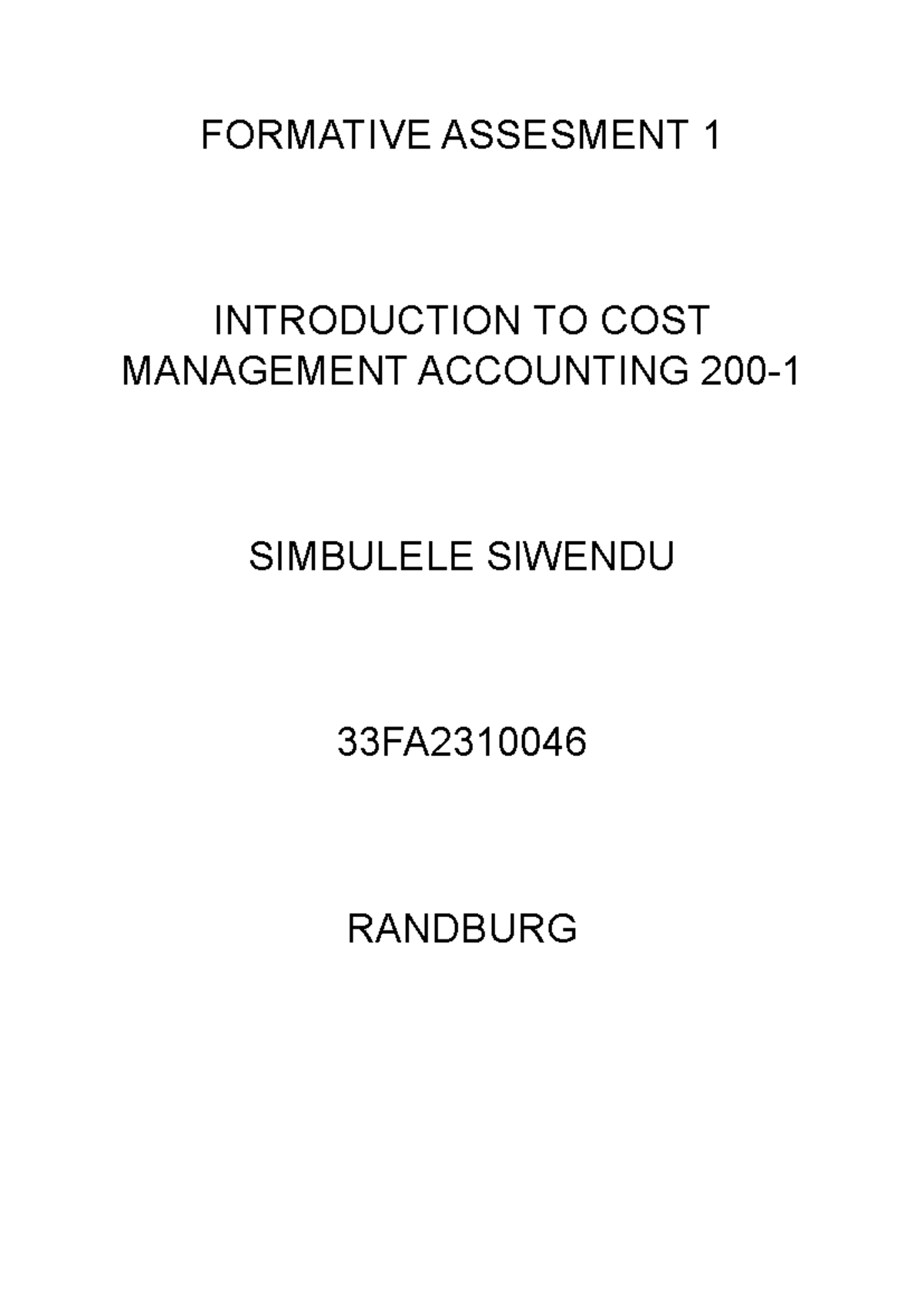 COST Management ACC FA1: Formative Assessment 1 Overview - Studocu