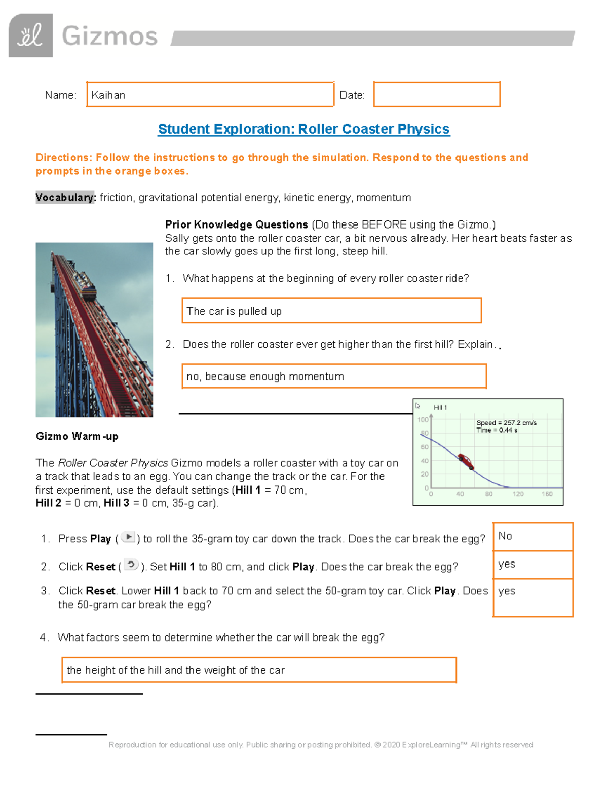 Copy of Roller Coaster SE - Name: Kaihan Date: Student Exploration ...