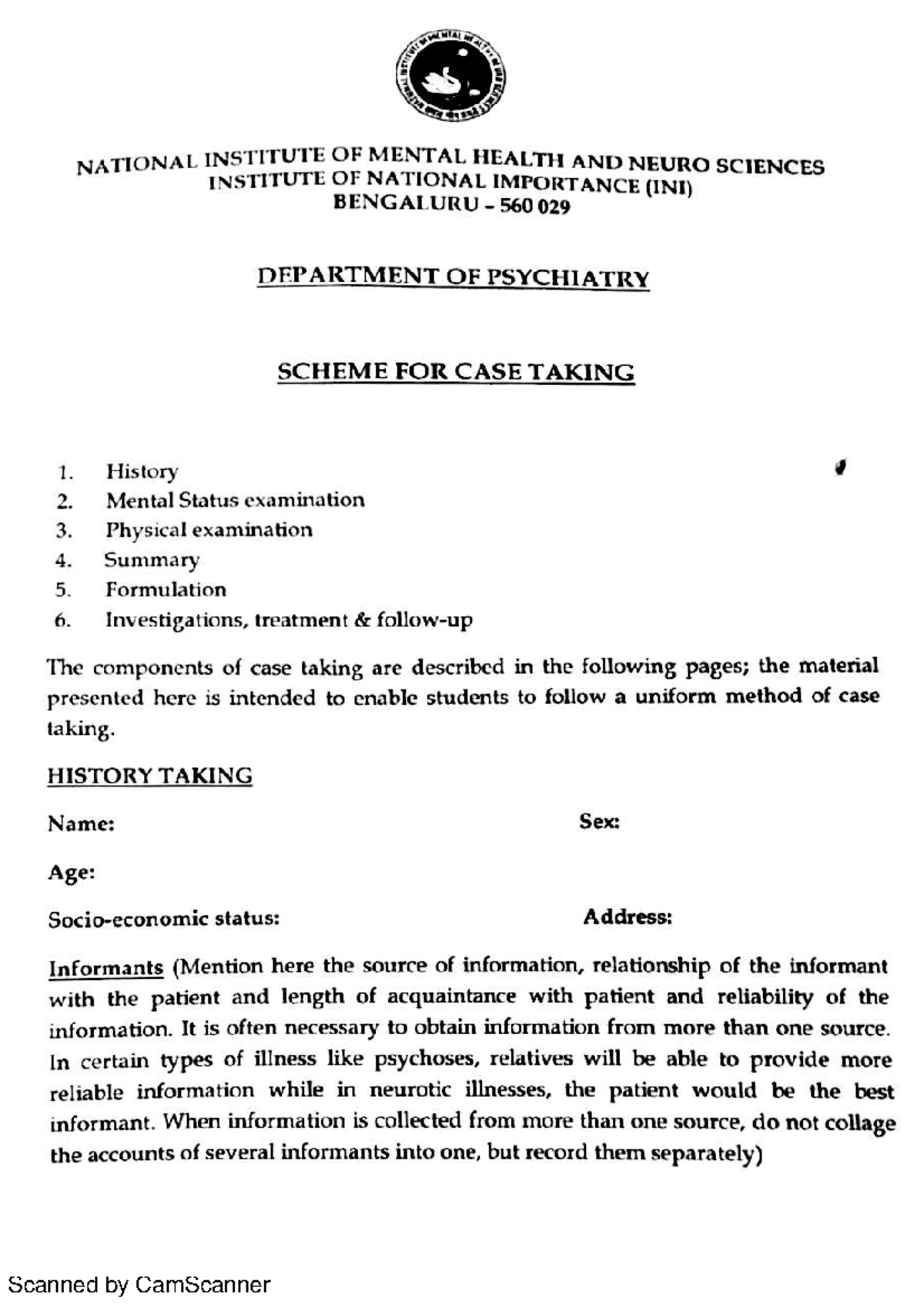 NIMHANS PSYCHIATRY CASE TAKING HISTORY PROFORMA GUIDE - Studocu