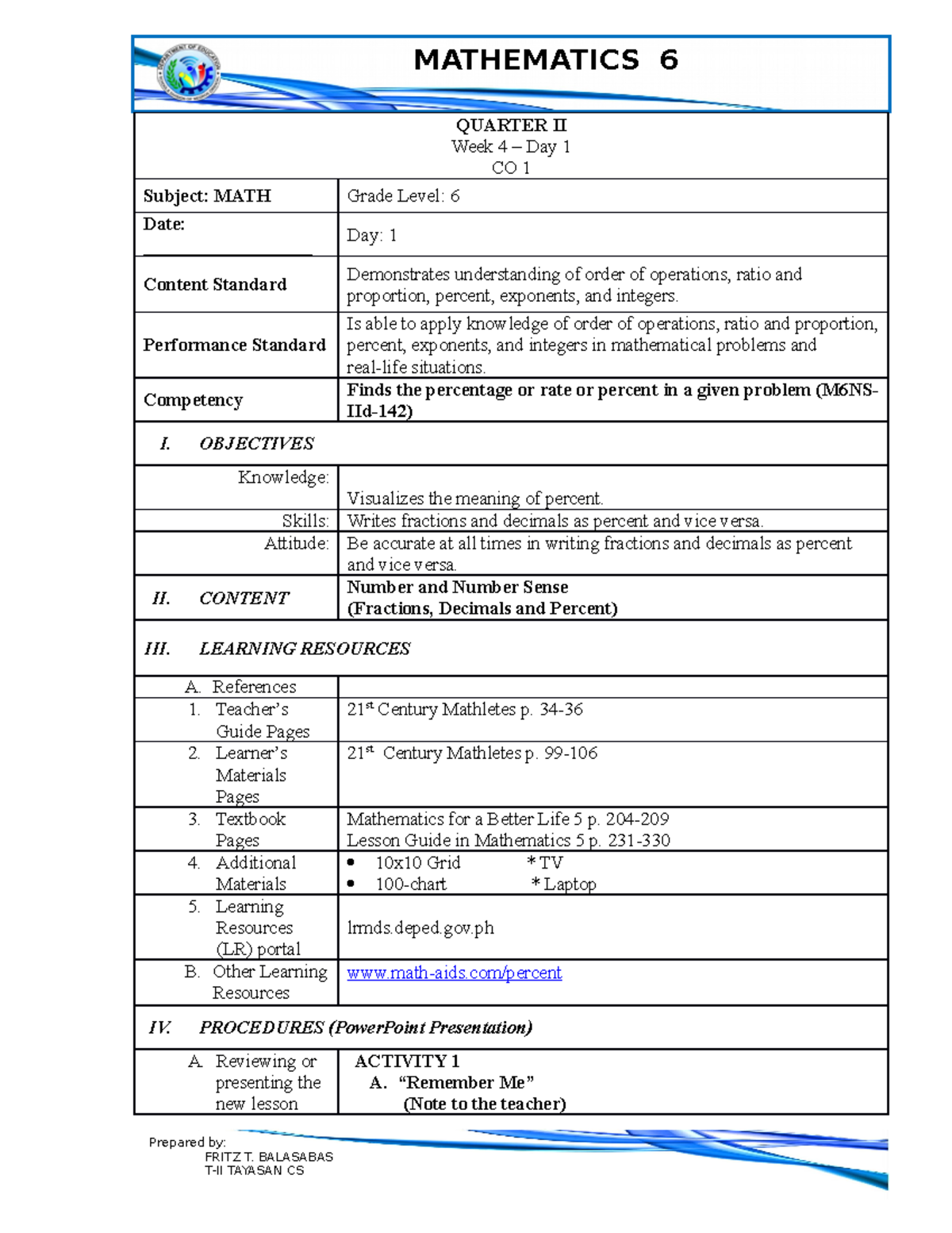 COT 1 MATH6 Q2 Week 4 Day 1: Exploring Fractions, Decimals, and ...
