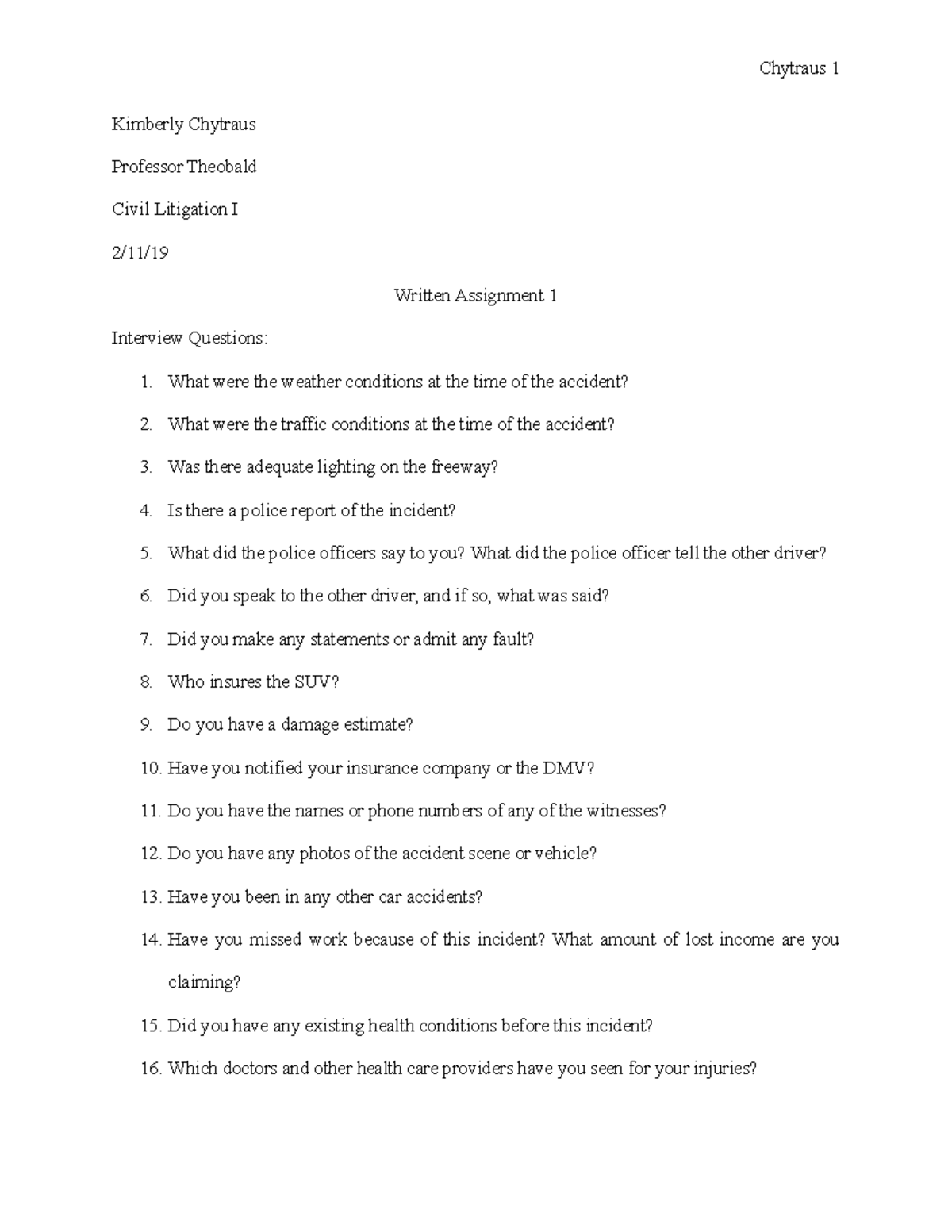 Civil Litigation I - Intake Memo for Written Assignment 1 - Studocu